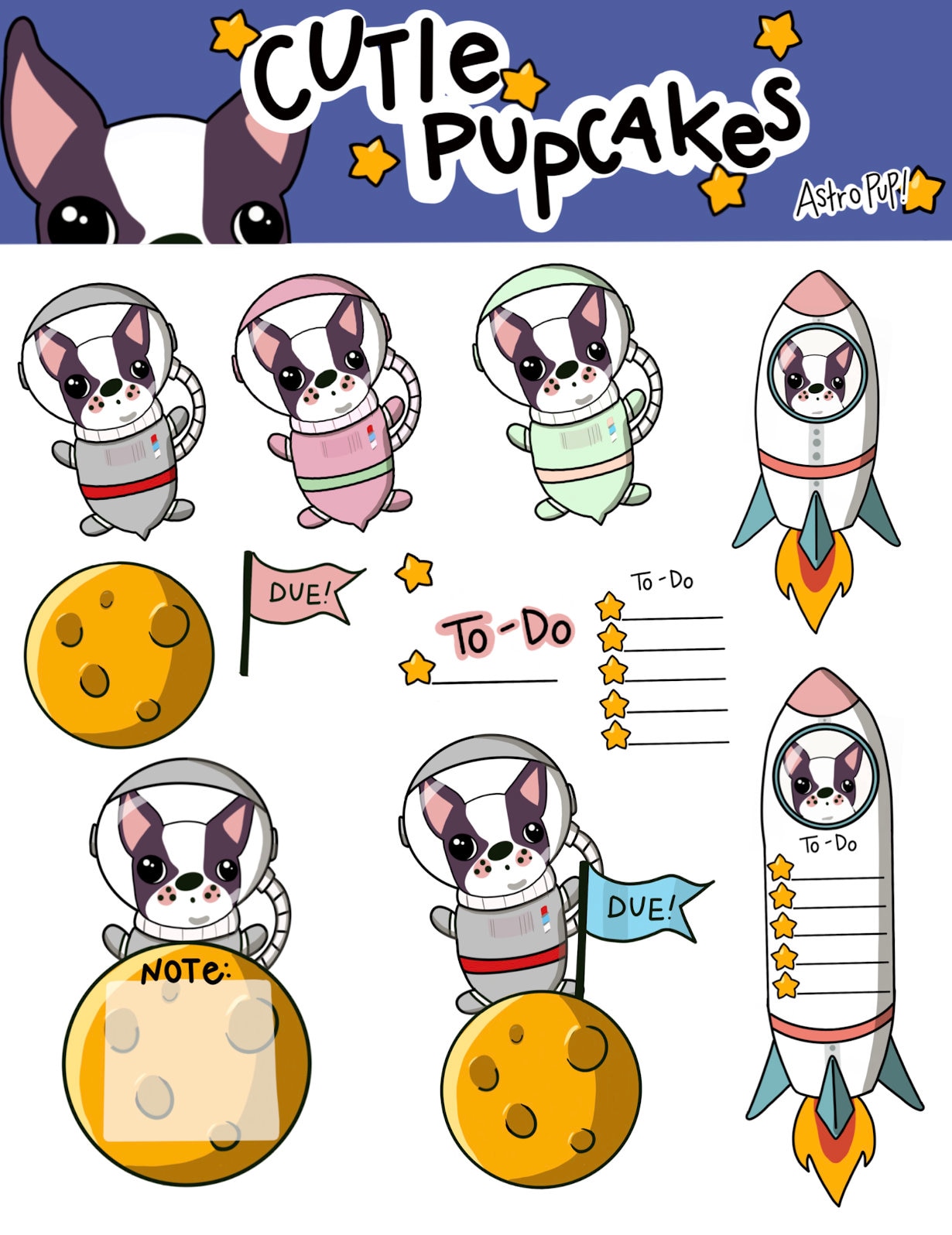 Cute Kawaii Space Dog Undated Weekly/daily Digital Planner Kit Stickers ...