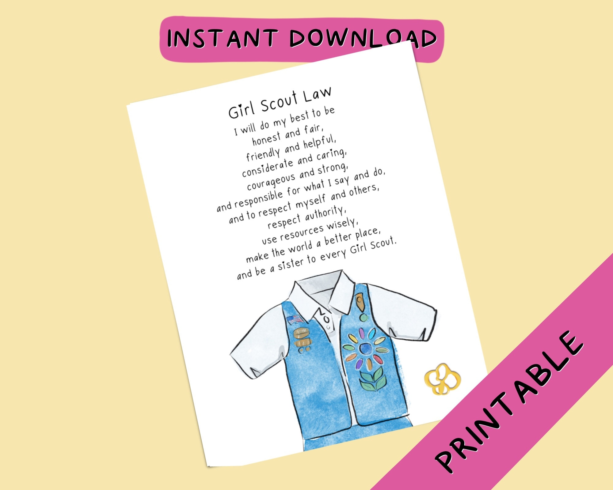 Daisy Girl Scout Law Printable US Letter Water Color Cute Hand Drawn ...