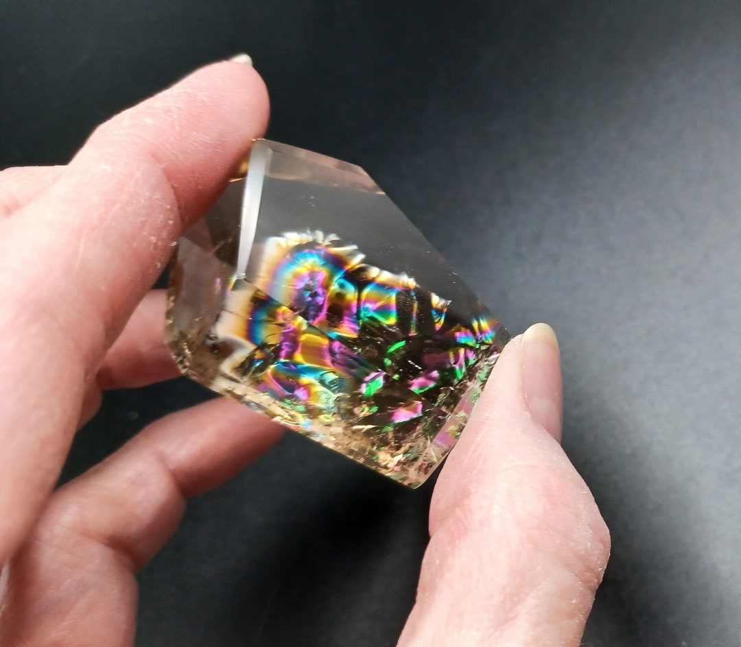 Bright Rainbows SMOKY QUARTZ CRYSTAL Smokey Freeform Point Palm Stone Excellent Clarity Faceted ...