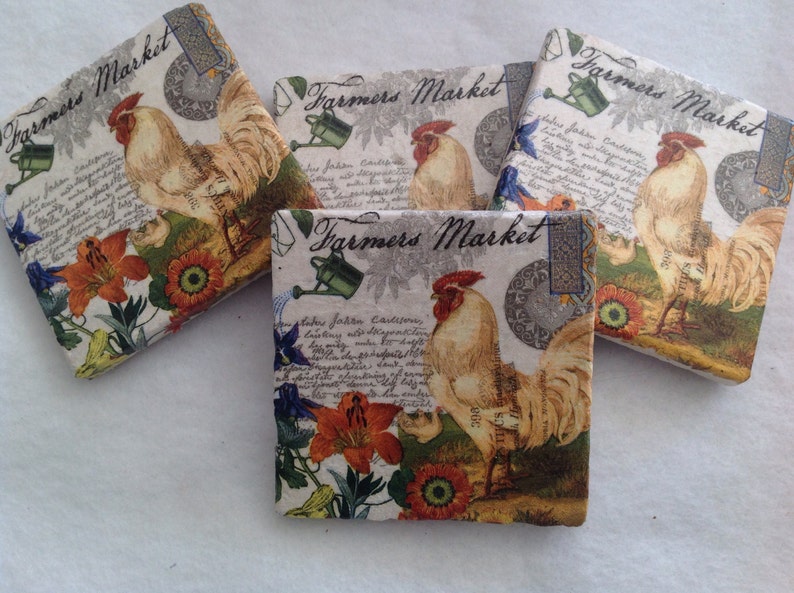 Farmers Market Rooster Coasters Natural Stone Coasters - Etsy