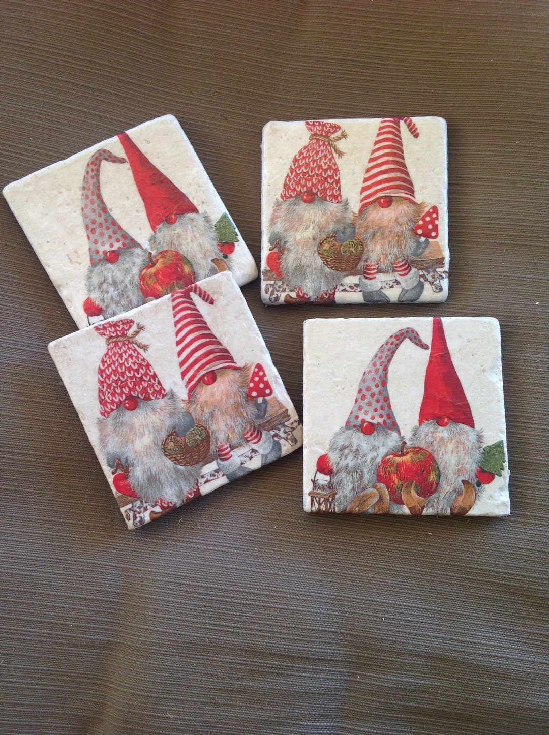 Natural Stone Gnome Christmas Coasters, Holiday Coasters, Beverage ...