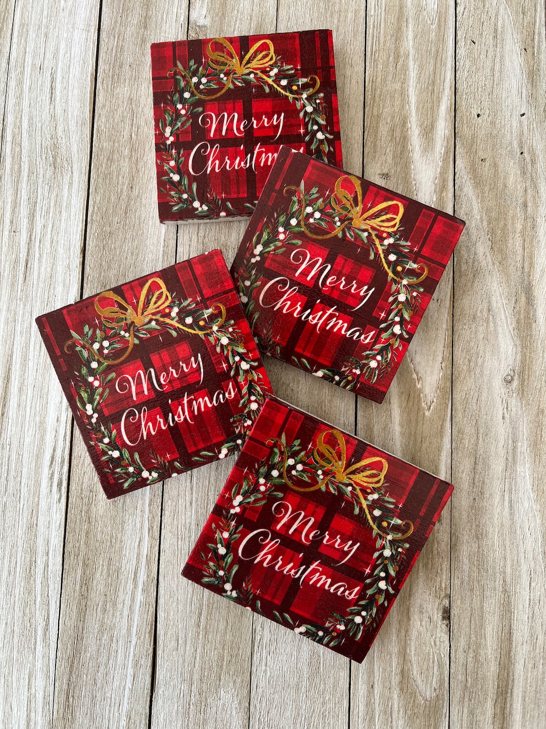Natural Stone Red Merry Christmas Coasters, Wreath Coasters, Christmas ...