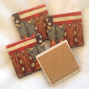 Natural Stone Country Coaster With Boots and American Flag - Etsy