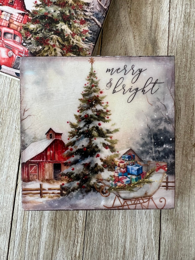 Natural Stone Red Barn Christmas Coasters, Merry and Bright Christmas ...