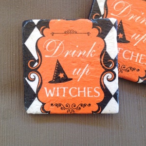 Natural Stone Tile Drink up Witches Coasters, Halloween Coasters ...