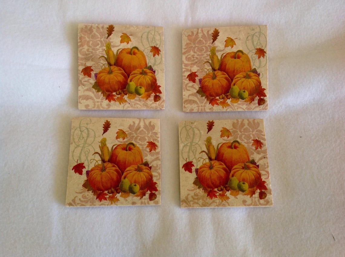 Natural Stone Tile Pumpkin Coasters, Beverage Coasters, Holiday ...