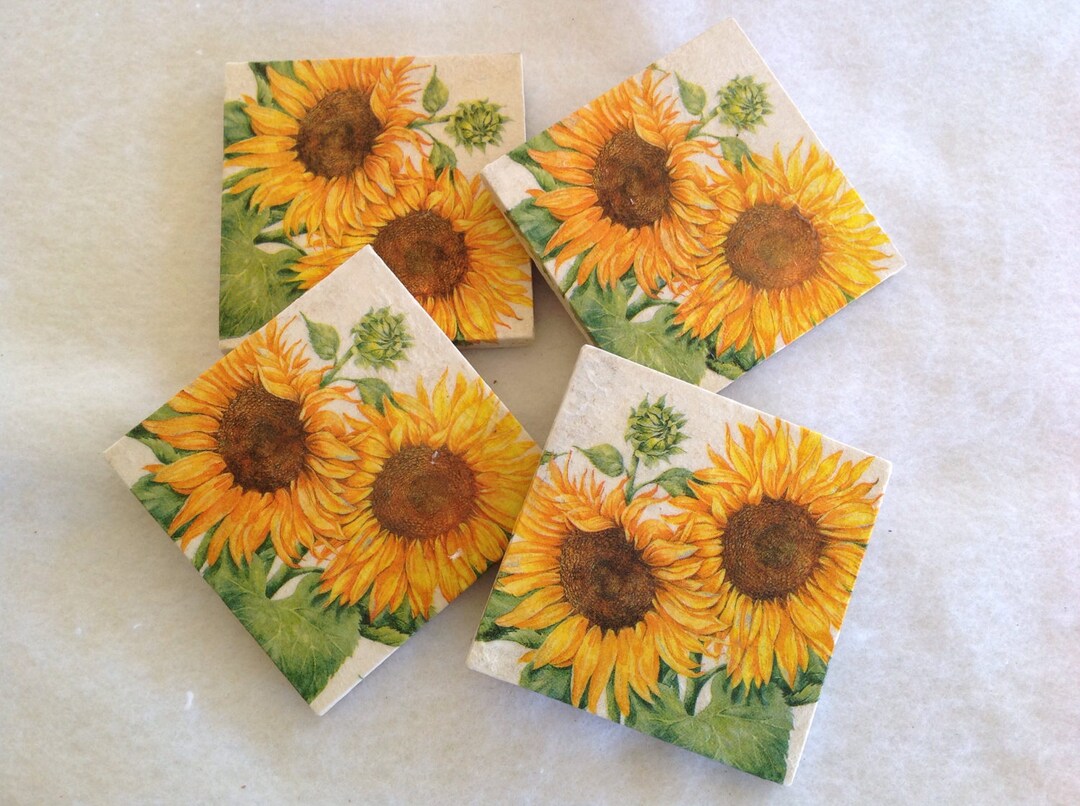 Natural Stone Square Sunflower Coasters, Beverage Coasters, Sunflower ...