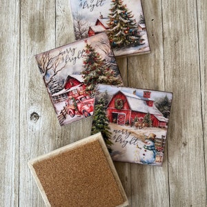 Natural Stone Red Barn Christmas Coasters, Merry and Bright Christmas ...