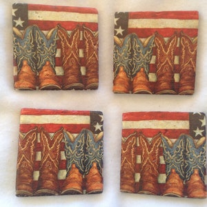 Natural Stone Country Coaster With Boots and American Flag - Etsy