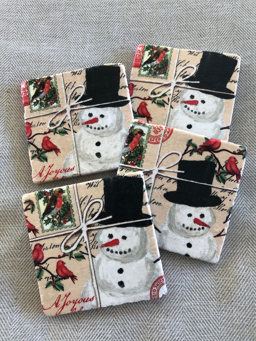 Set of Two Natural Stone Snowman Coasters, Beverage Coasters, Christmas ...