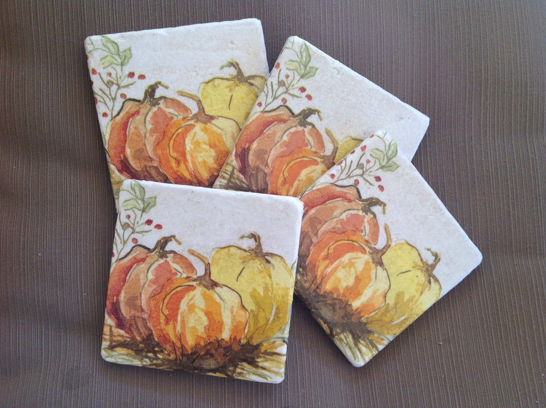 Natural Stone Tile Pumpkin Coasters, Thanksgiving Coasters, Halloween ...