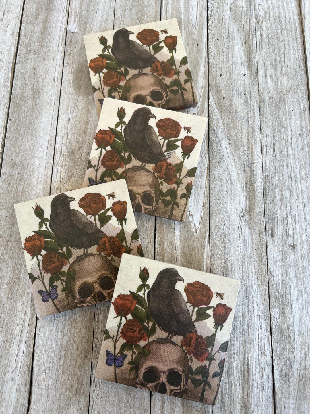 Natural Stone Raven and Skull Coasters, Halloween Coasters, Skull ...