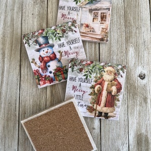 Natural Stone Christmas Coasters, Snowman Coasters, Santa Coasters, Red ...