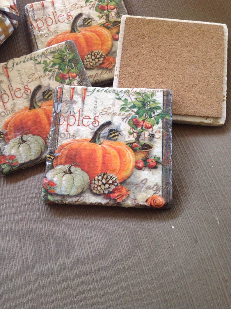 Natural Stone Tile Pumpkin Coasters, Halloween Coasters, Fall Coasters ...
