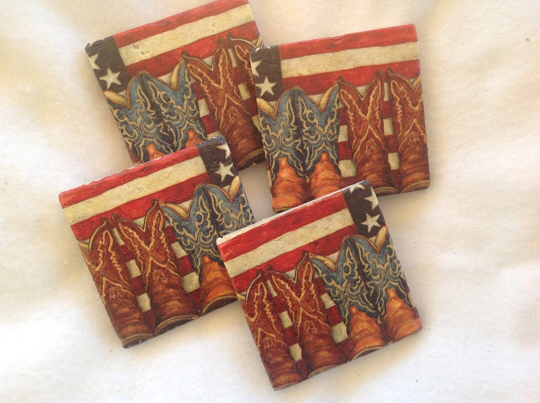 Natural Stone Country Coaster With Boots and American Flag - Etsy