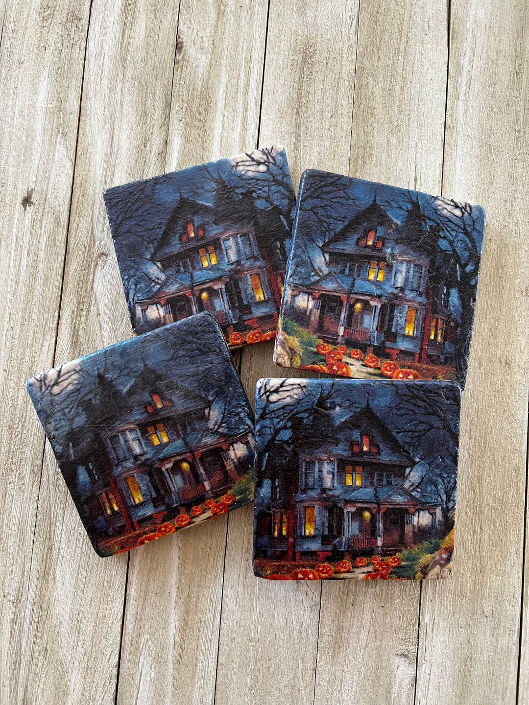 Natural Stone Halloween Haunted House Coasters, Halloween Coasters ...
