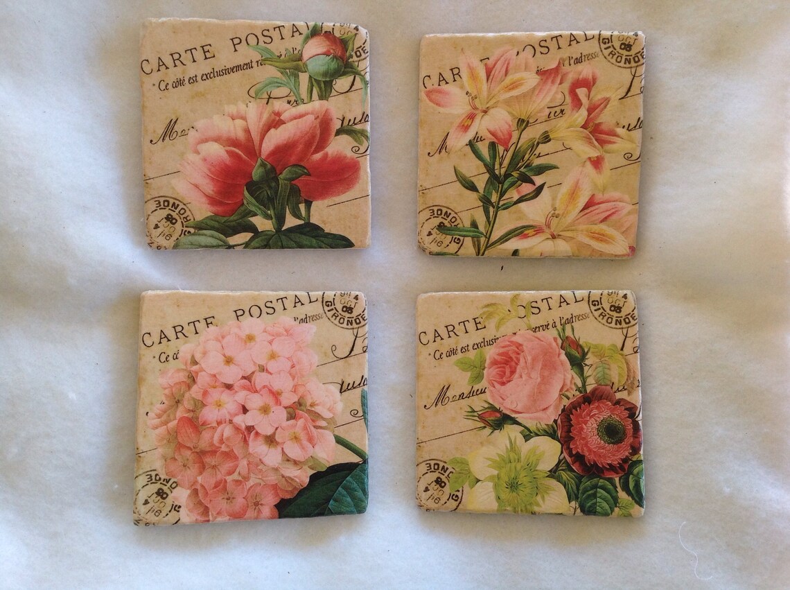 Natural Stone Flower Themed Coasters, Beverage Coasters, Square ...