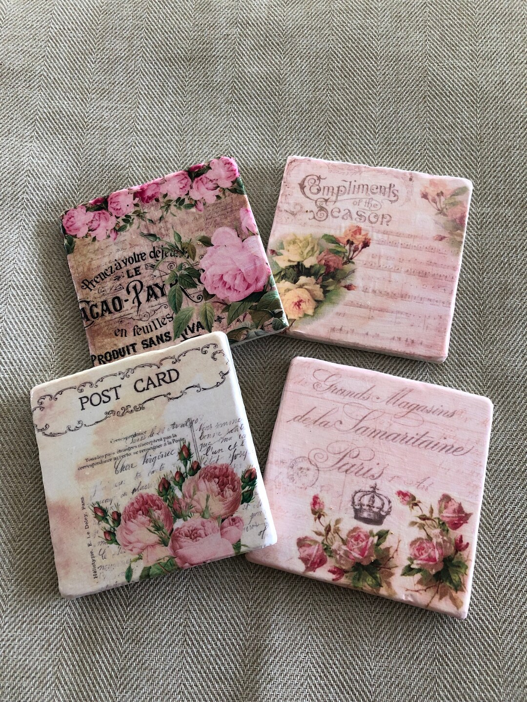 Natural Stone Vintage Floral Paris Coasters, Pink Floral Coasters ...