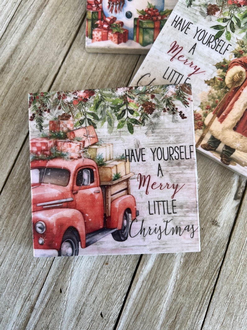 Natural Stone Christmas Coasters, Snowman Coasters, Santa Coasters, Red ...