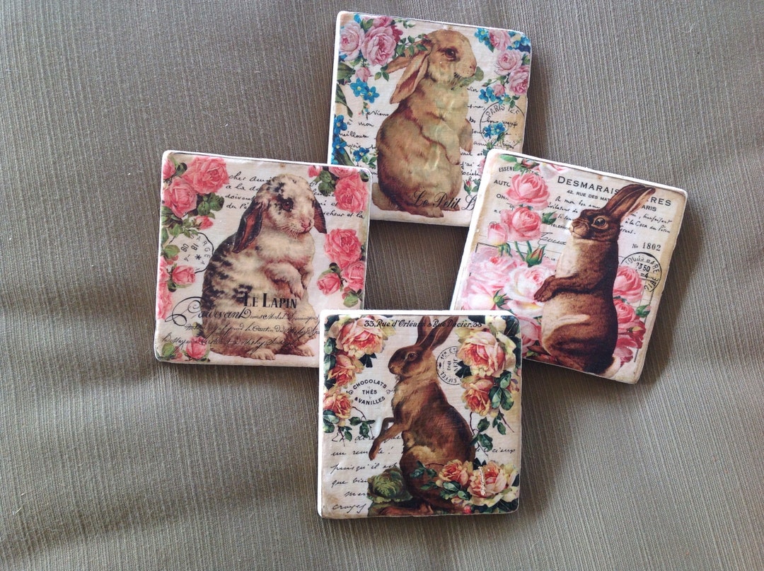 Natural Stone Vintage Bunny Coasters, Easter Coasters, Square Coasters ...