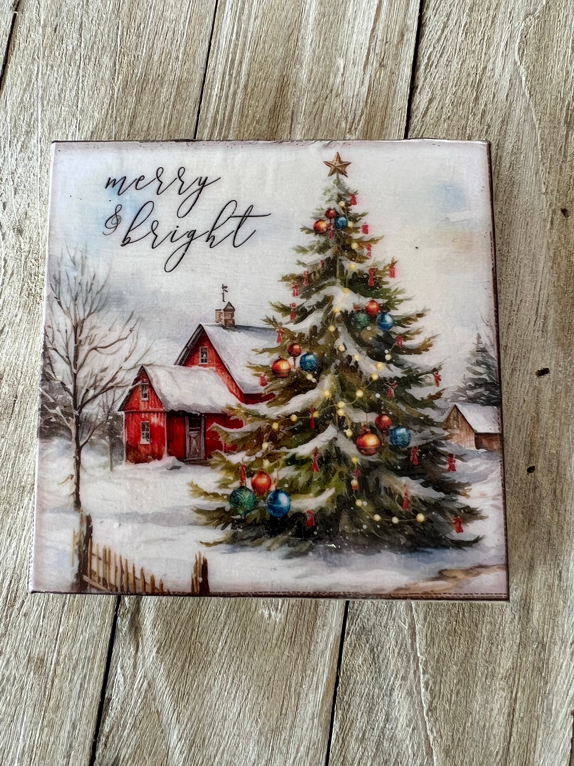 Natural Stone Red Barn Christmas Coasters, Merry and Bright Christmas ...