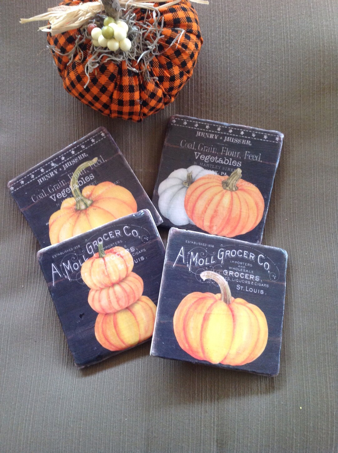 Natural Stone Tile Pumpkin Coasters, Halloween Coaster, Thanksgiving ...