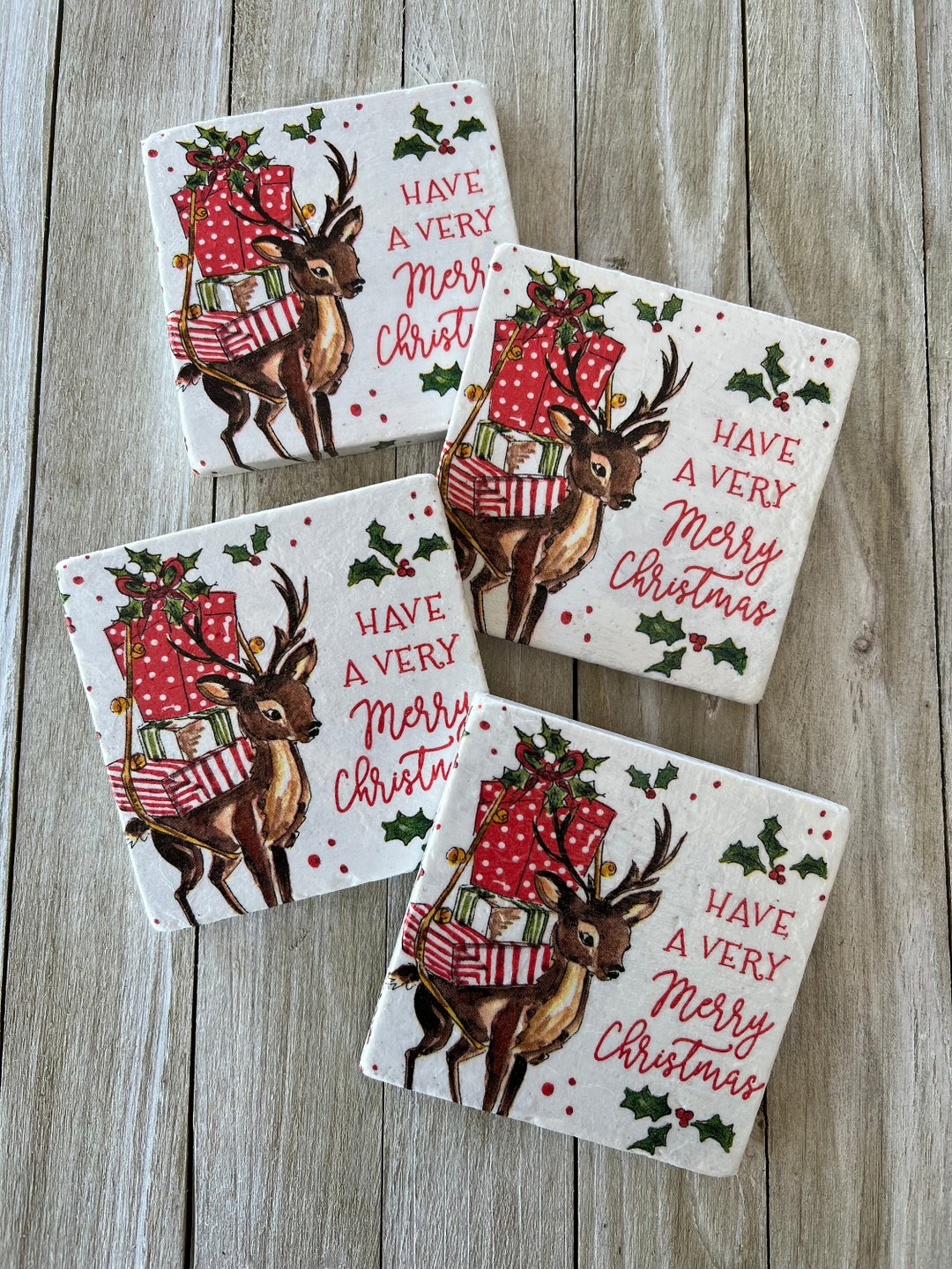 Natural Stone Reindeer Coasters, Vintage Reindeer Coasters, Merry ...