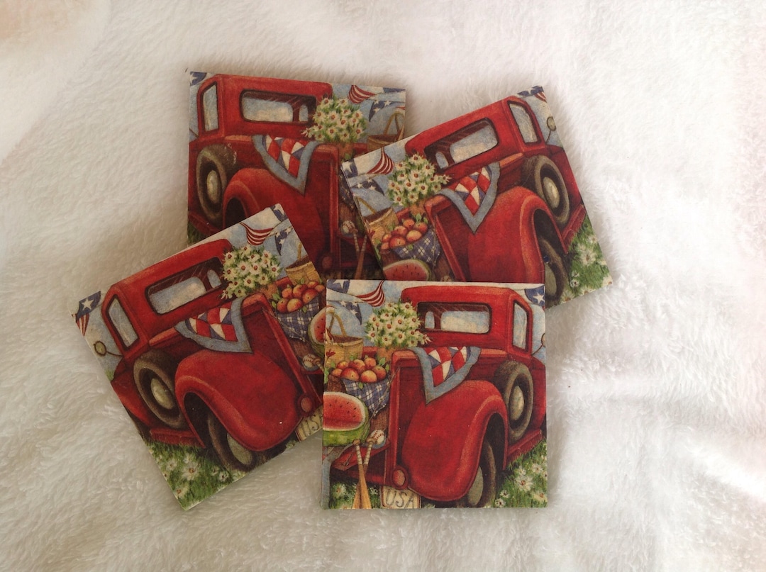 Natural Stone Vintage Red Truck Coasters, Beverage Coasters, Beer ...