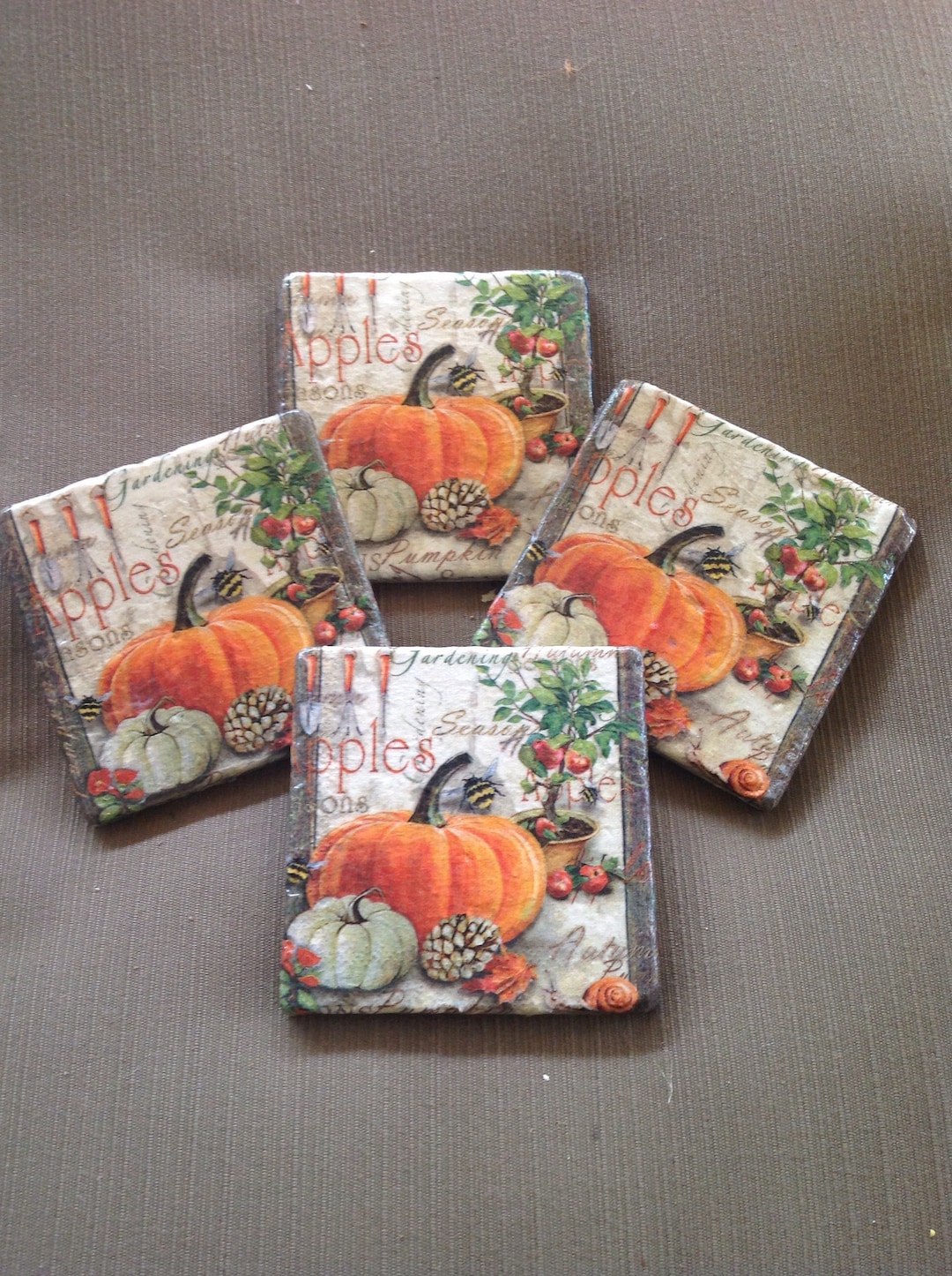 Natural Stone Tile Pumpkin Coasters, Halloween Coasters, Fall Coasters ...