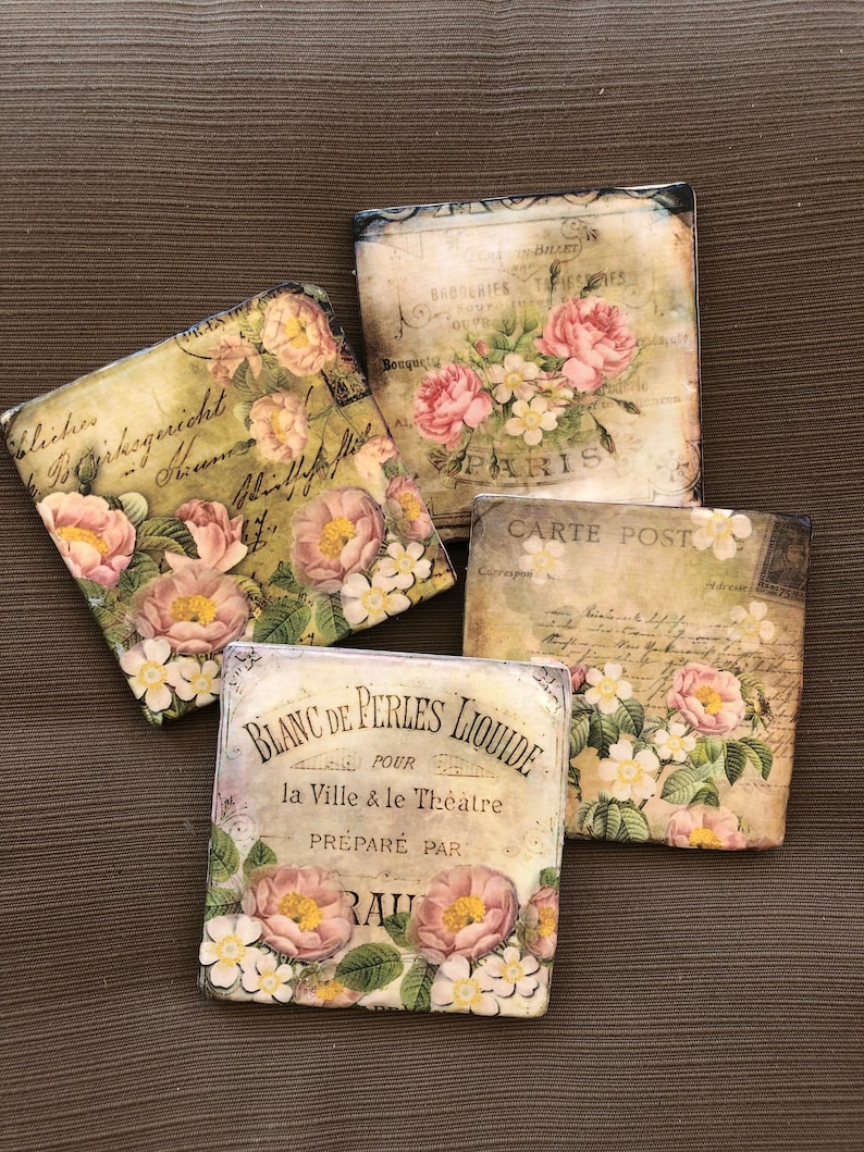 Natural Stone Tile Vintage Shabby Chic Floral Coasters Square | Etsy