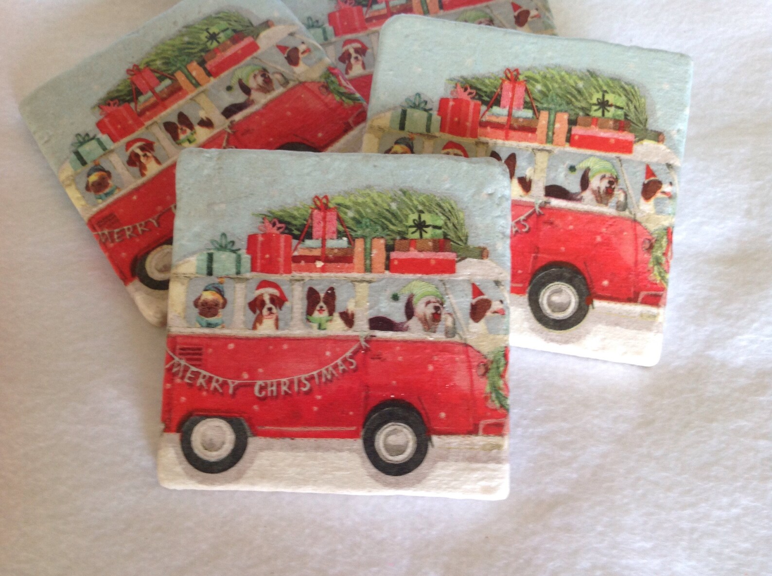 Natural Stone Red VW Bus Christmas Coasters Beverage - Etsy