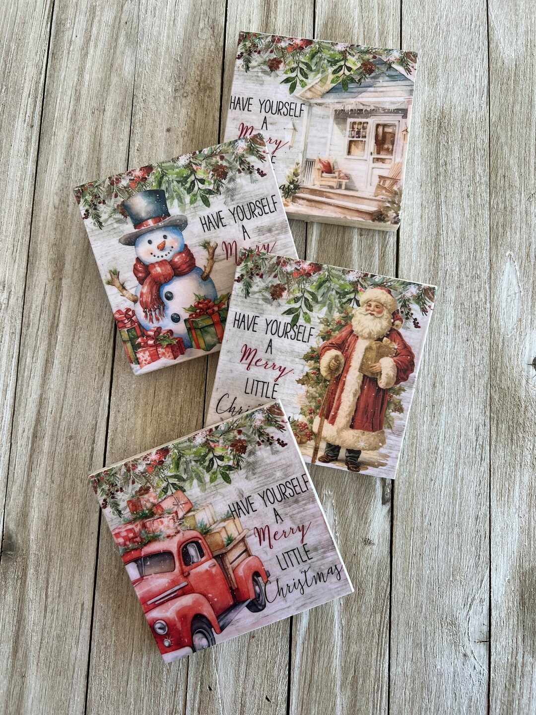 Natural Stone Christmas Coasters, Snowman Coasters, Santa Coasters, Red ...