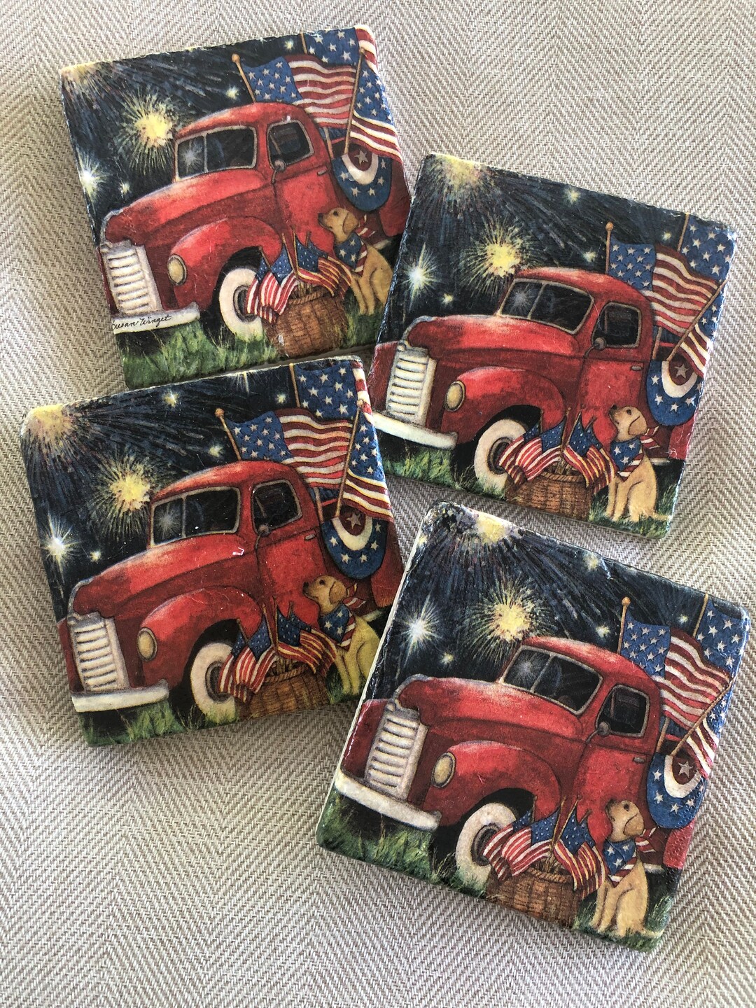 Natural Stone Patriotic Vintage Truck Coasters, Square Coasters, Stone ...