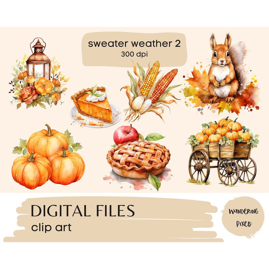 Fall Clipart Set, Autumn Clip Art, Fall Theme Illustrations, Watercolor ...