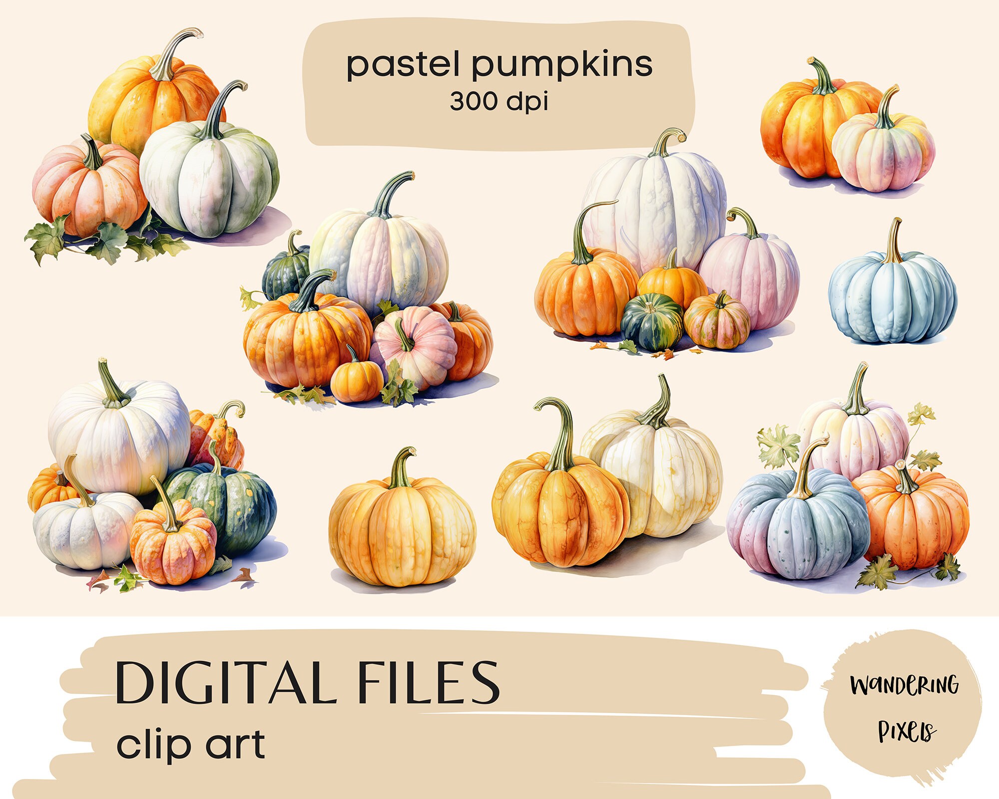 Pastel Pumpkins Clipart Set, Watercolor Pumpkins Clipart, 15 PNG Files ...