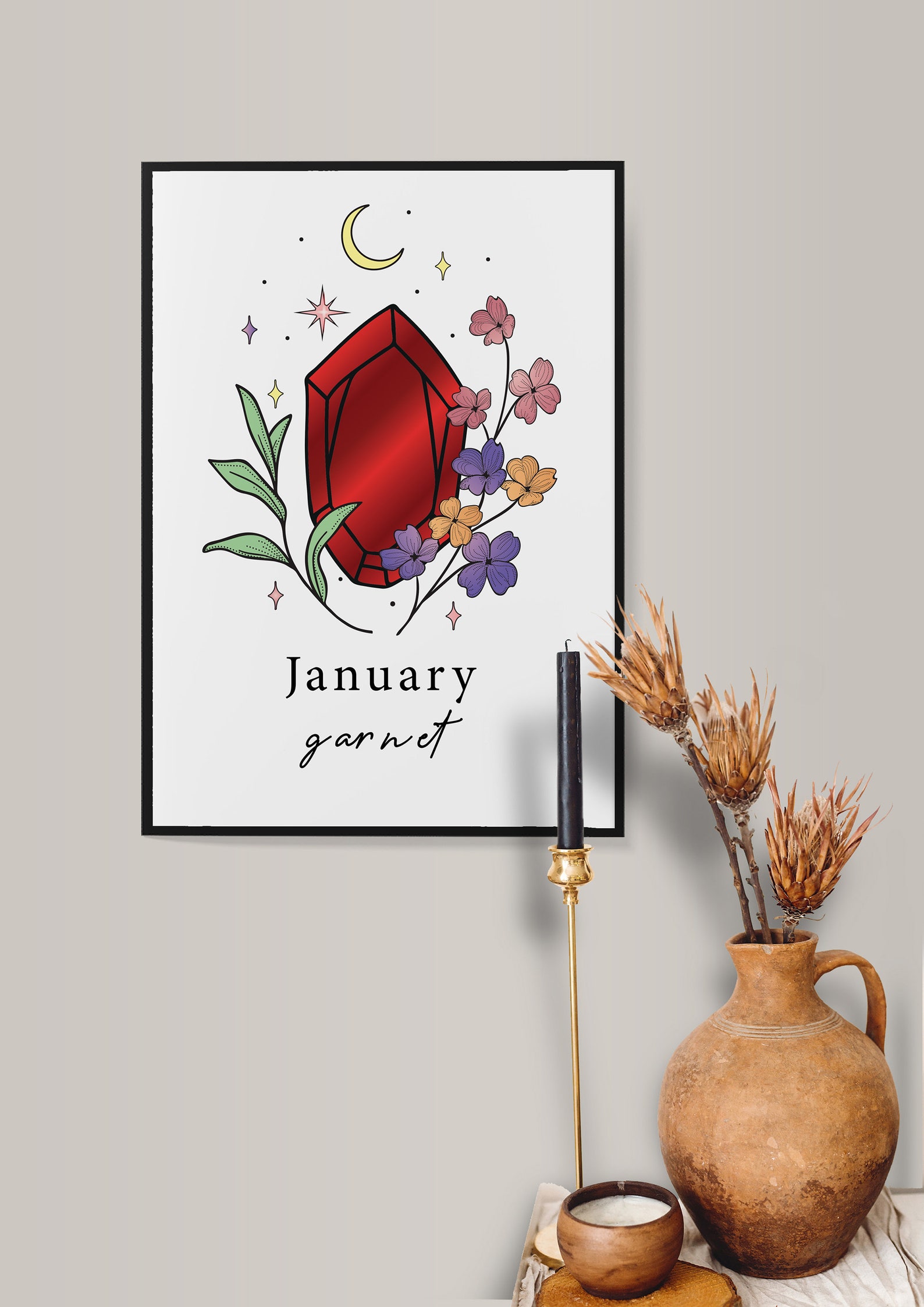 January Birthstone Printable, Garnet Crystal Art, Wicca Decor, Crystal ...