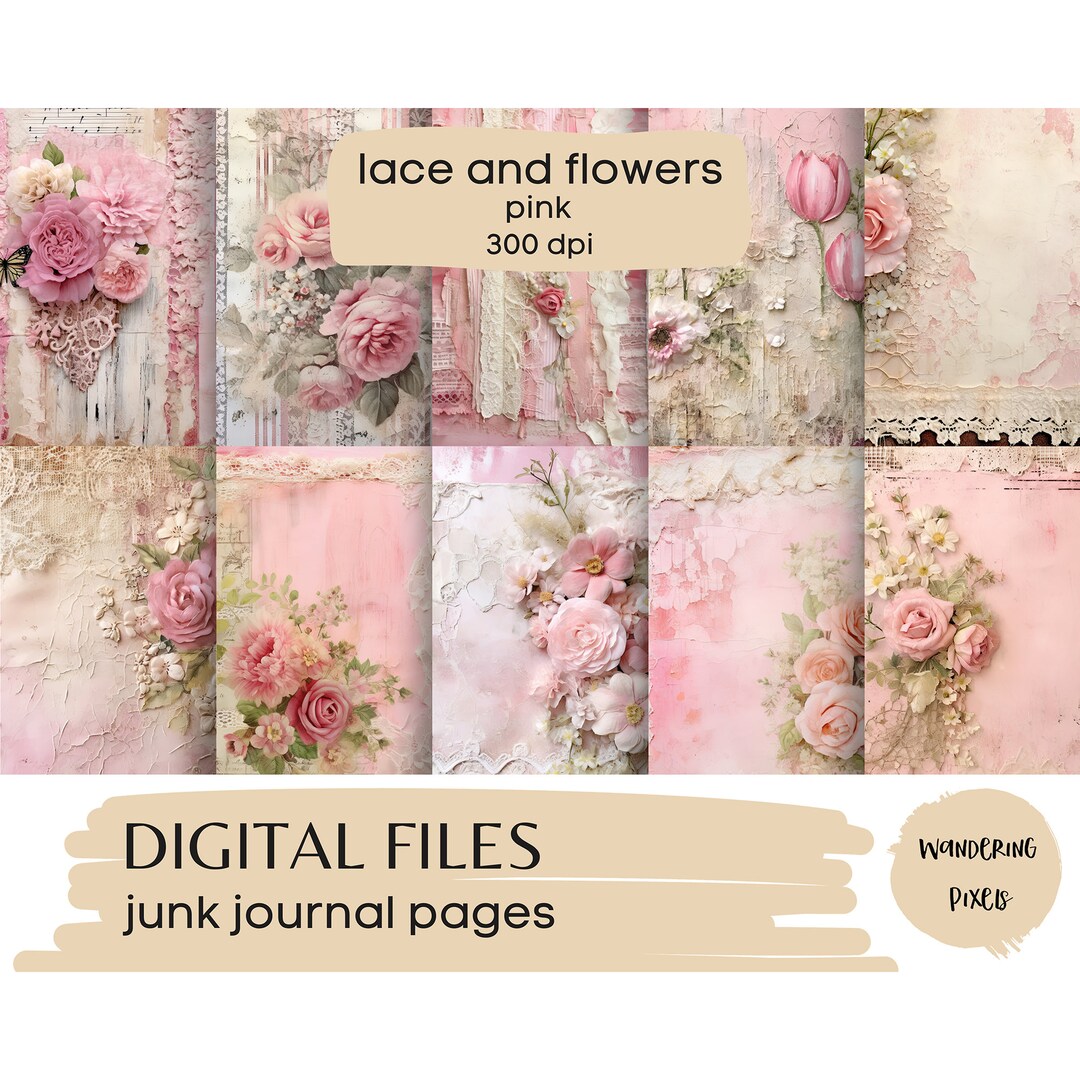 Pink Floral Digital Paper Pack, Vintage Lace and Shabby Chic Flowers ...