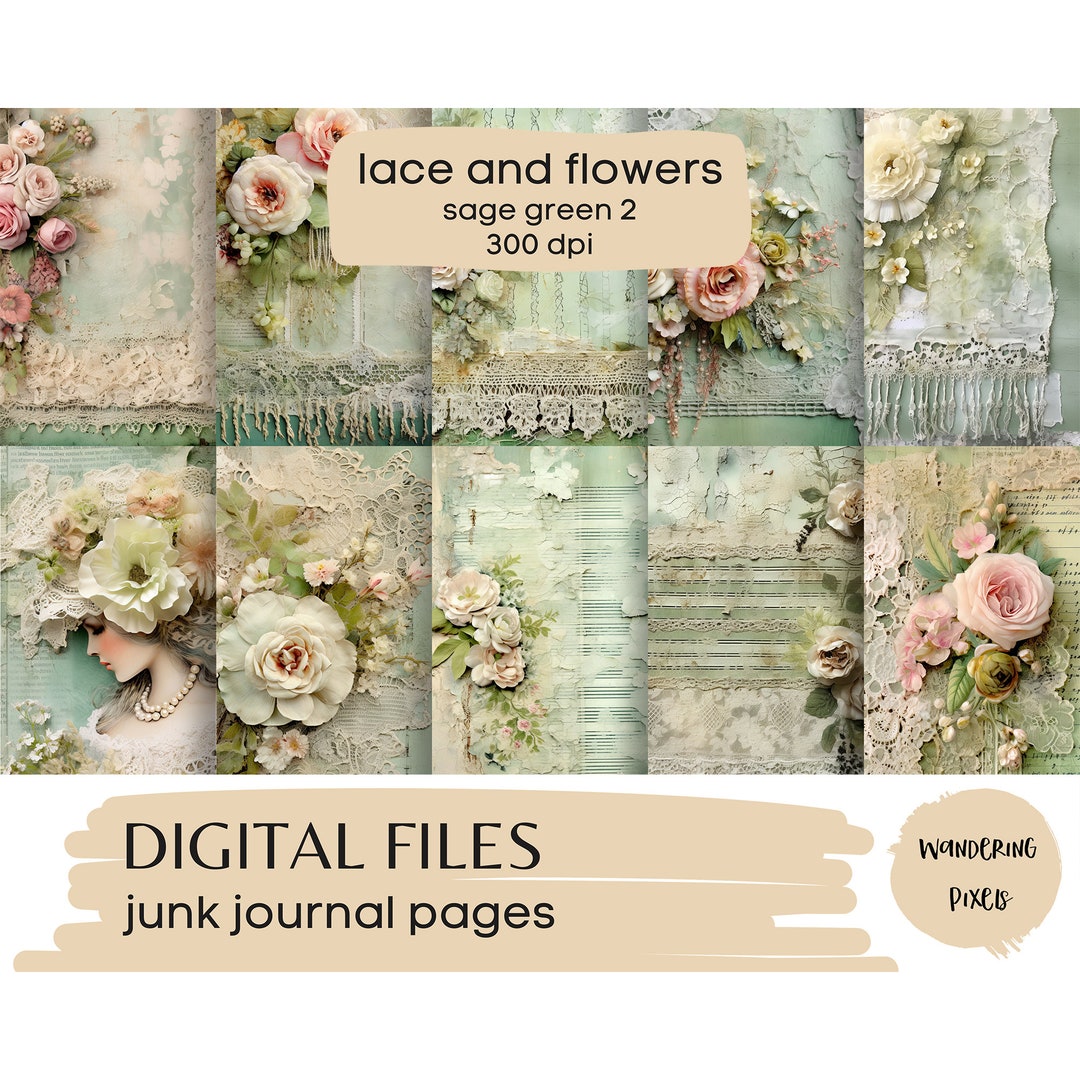 Serene Sage Green Digital Paper Pack, French Lace and Shabby Chic ...
