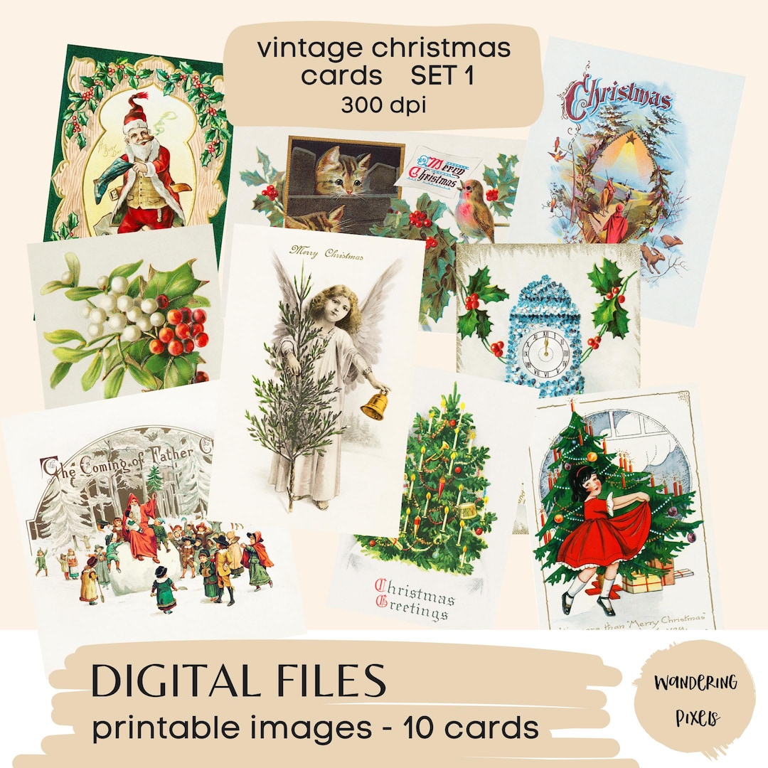Printable Vintage Christmas Cards, Digital Christmas Illustrations ...