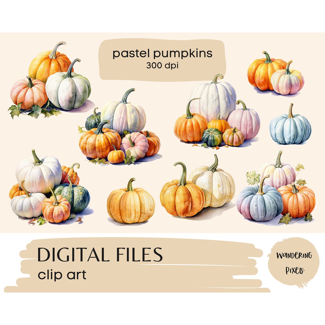 Pastel Pumpkins Clipart Set, Watercolor Pumpkins Clipart, 15 PNG Files ...