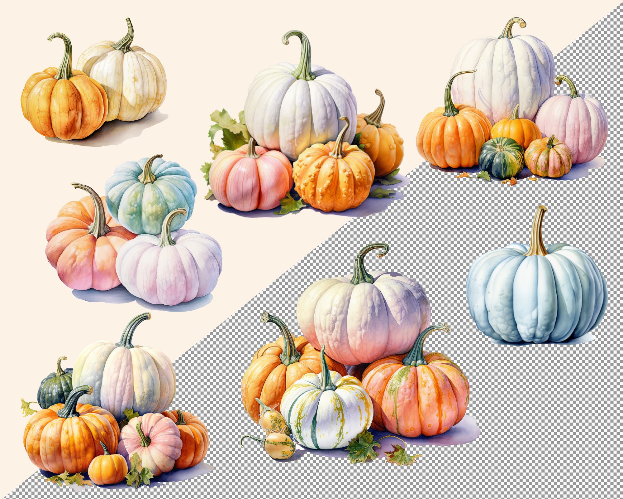 Pastel Pumpkins Clipart Set, Watercolor Pumpkins Clipart, 15 PNG Files ...