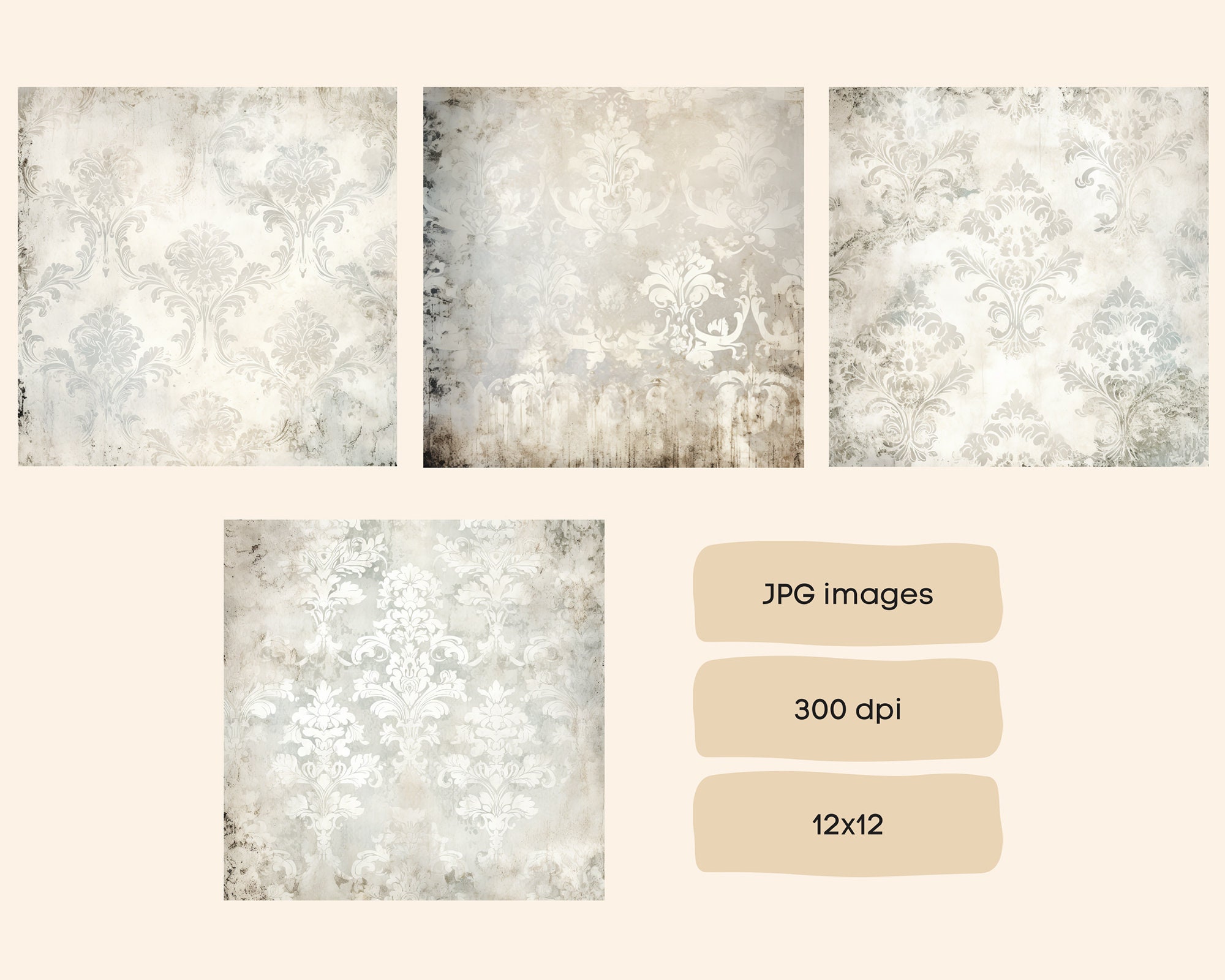 Distressed Damask Digital Paper Pack, Vintage Textured Paper, Junk ...
