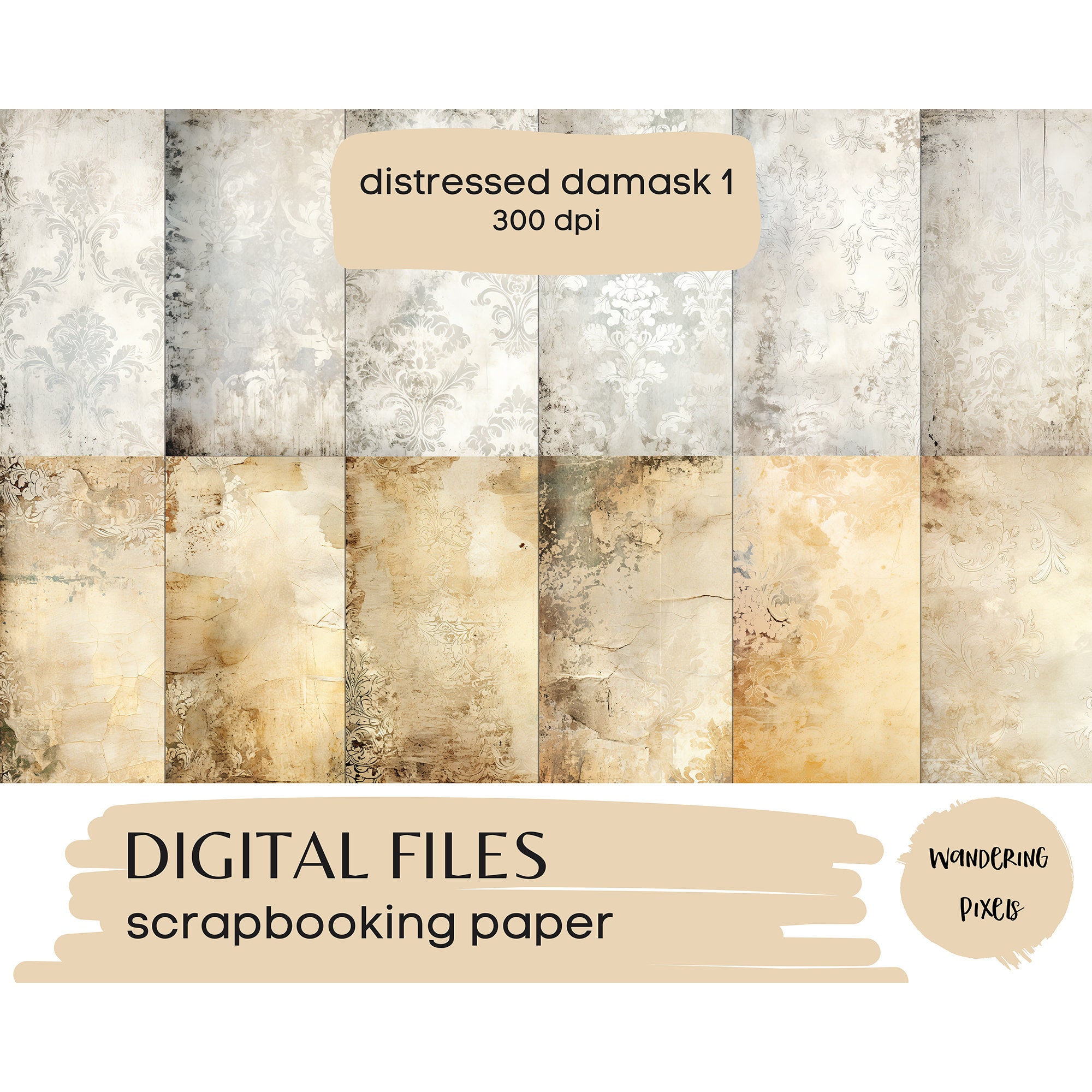 Distressed Damask Digital Paper Pack, Vintage Textured Paper, Junk ...