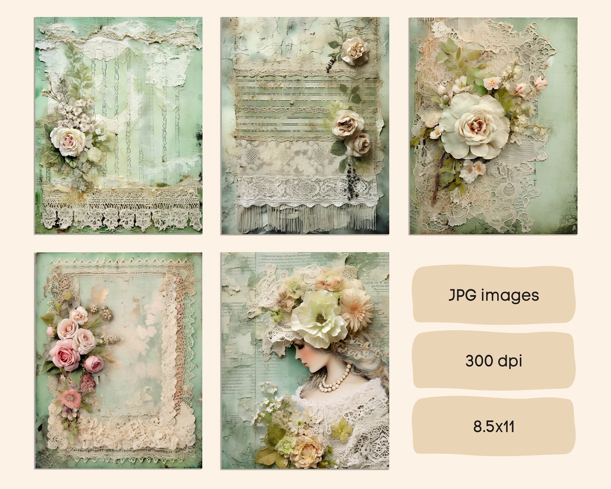 Serene Sage Green Digital Paper Pack, French Lace and Shabby Chic ...