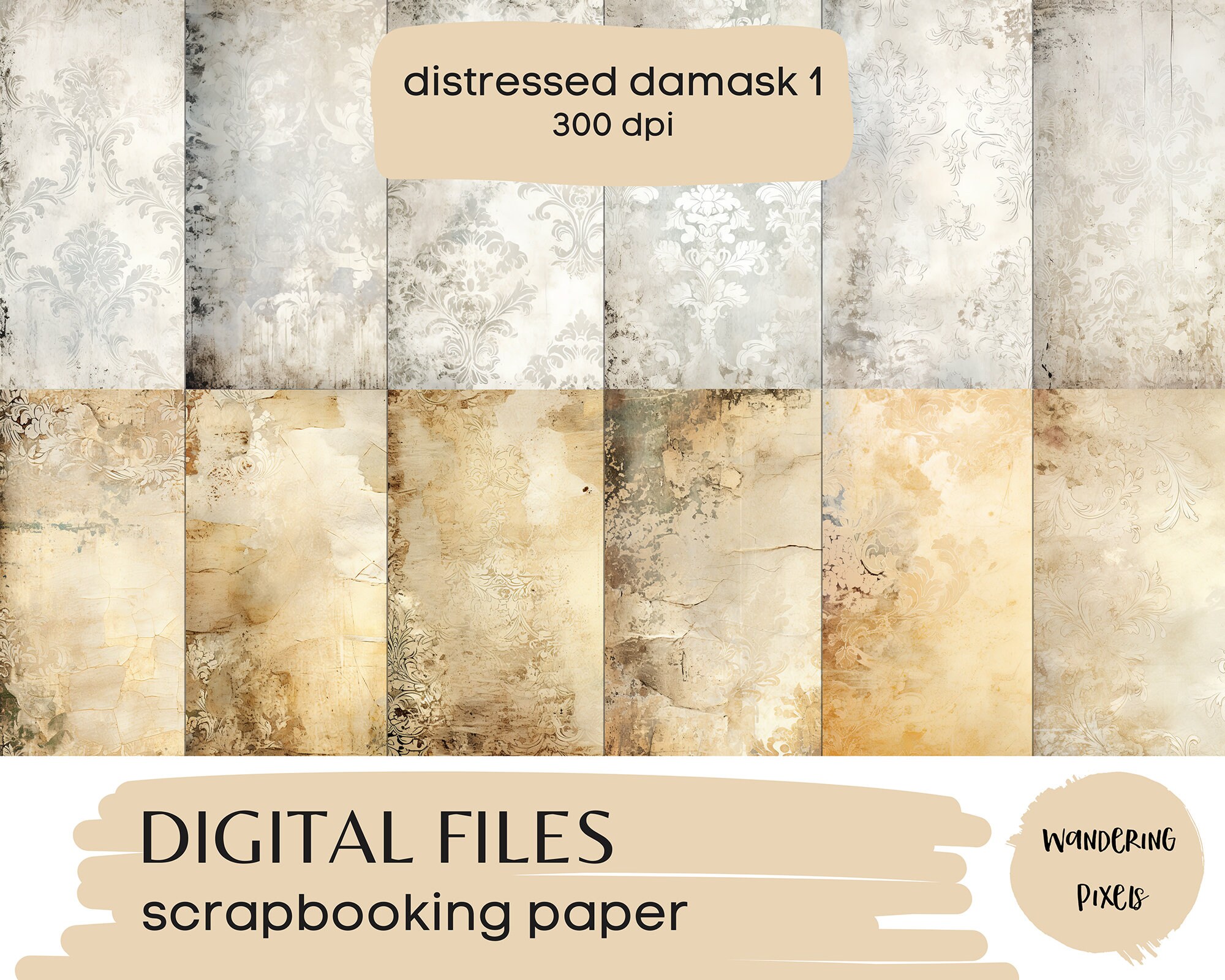 Distressed Damask Digital Paper Pack, Vintage Textured Paper, Junk ...