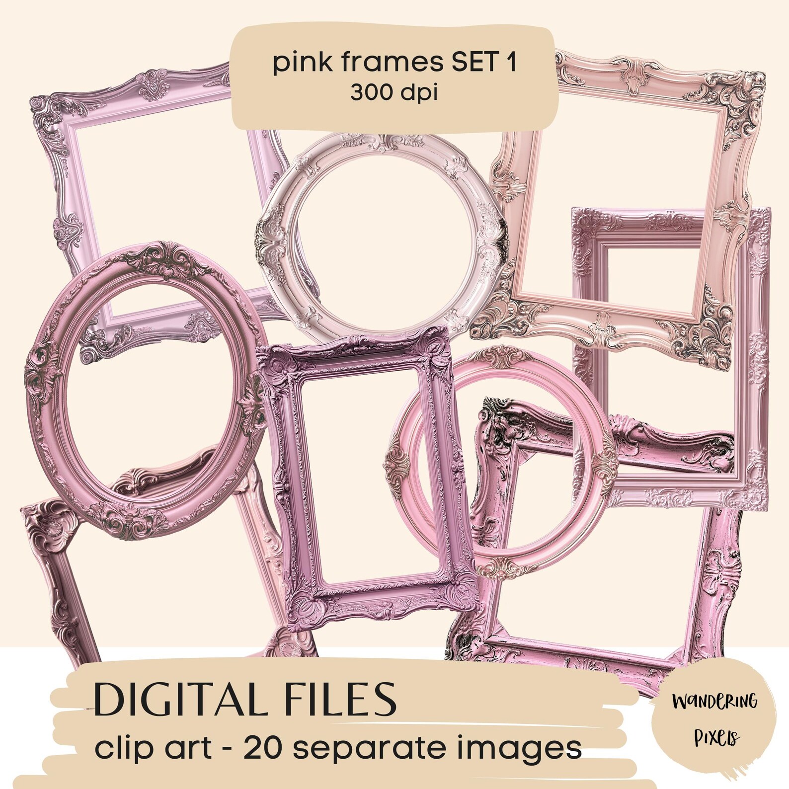 Pink Clip Art Set, Wooden Vintage Frames Clipart Images, 20 PNG Files ...