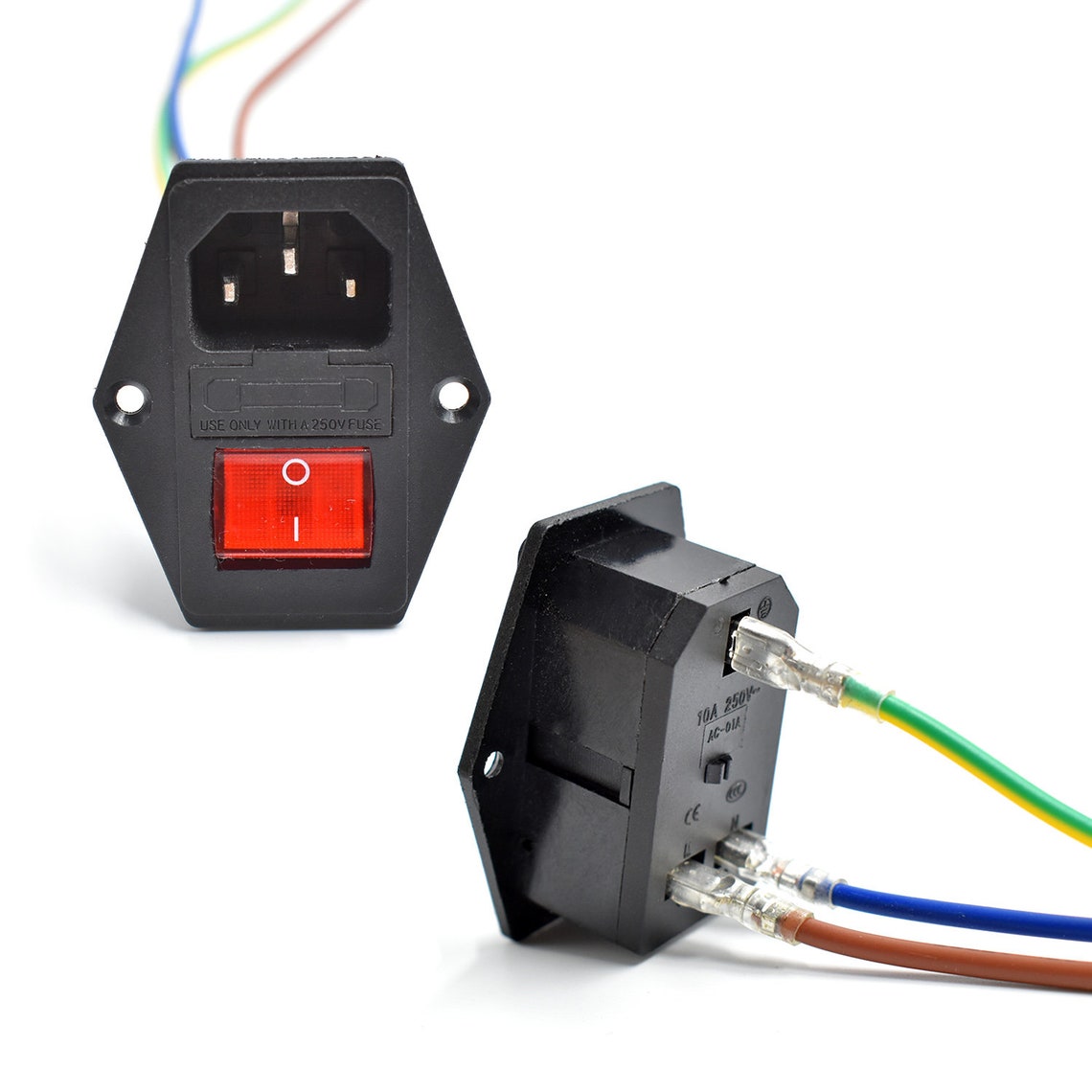 Safety AC Power Socket With Back Cover. Integrated Switch, Fuse and ...