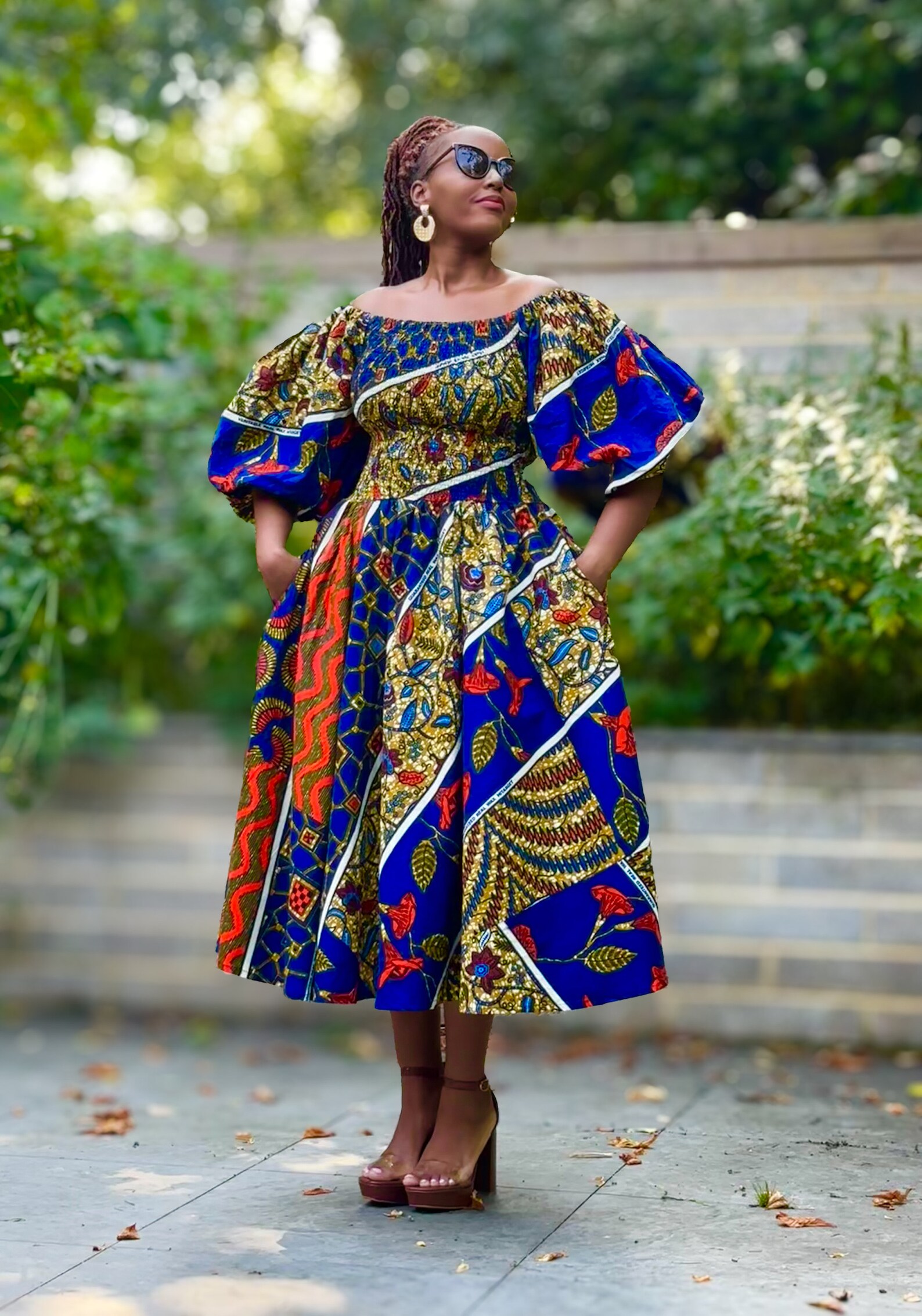 FAHRA Smocked Mixed Print Dress With Puff Sleeves in Blue and Orange ...