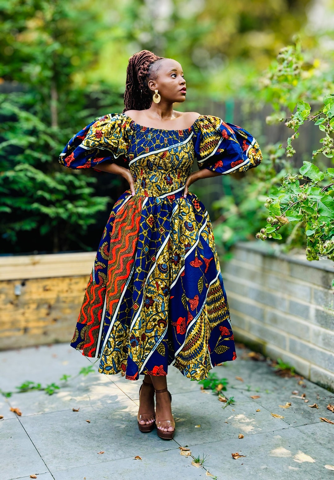 FAHRA Smocked Mixed Print Dress With Puff Sleeves in Blue and Orange ...