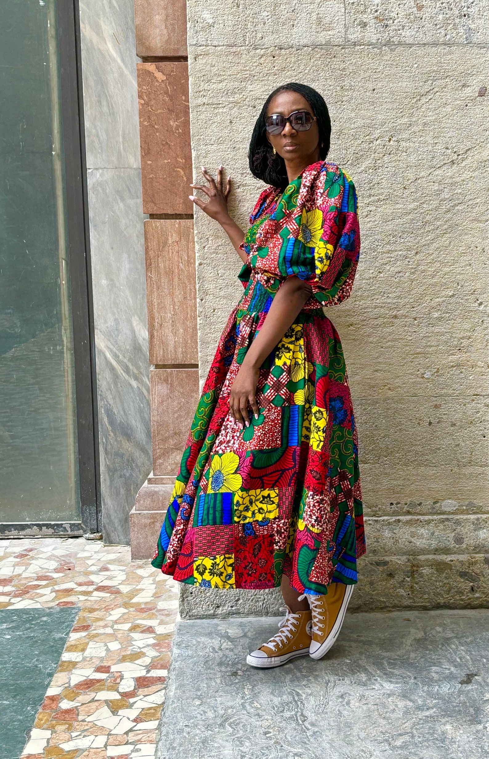 FAHRA Smocked Patchwork Dress With Statement Sleeves in Multiple ...
